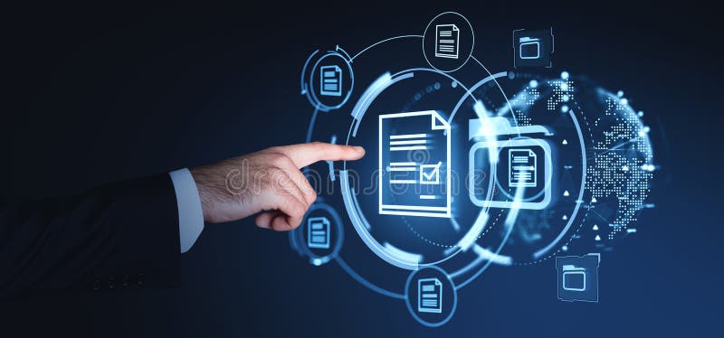 Business Professional Interacting with Digital Document Icons Stock ...