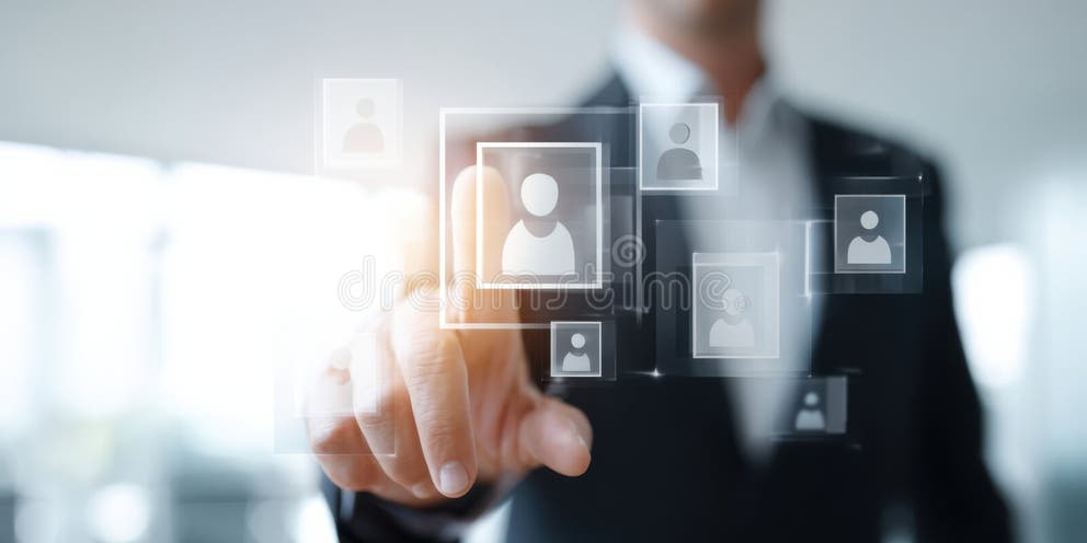 Business Professional Interacting with Digital Interface Displaying User Profiles and Connection ...
