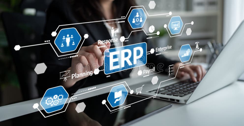 Business Professional Interacting with Digital Interface Showcasing ERP ...