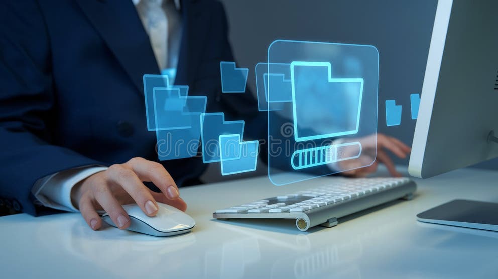 Business Professional Using Computer with Digital Folder Interface for ...