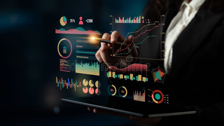 Business Professional Interacts with Futuristic Digital Analytics Dashboard, Showcasing Data ...