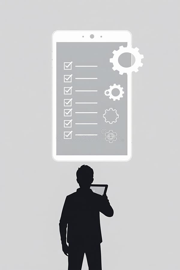 Business Professional Looking at Digital Checklist on Large Screen with ...