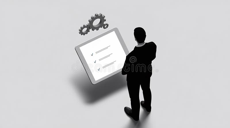 Business Professional Looking at Digital Checklist on Large Screen with ...