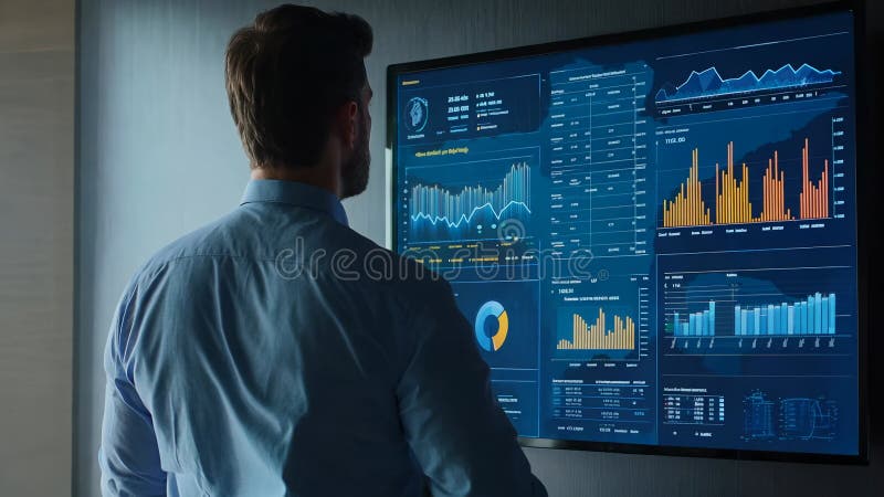 A Business Professional Man Stands in Front of a Digital Dashboard ...