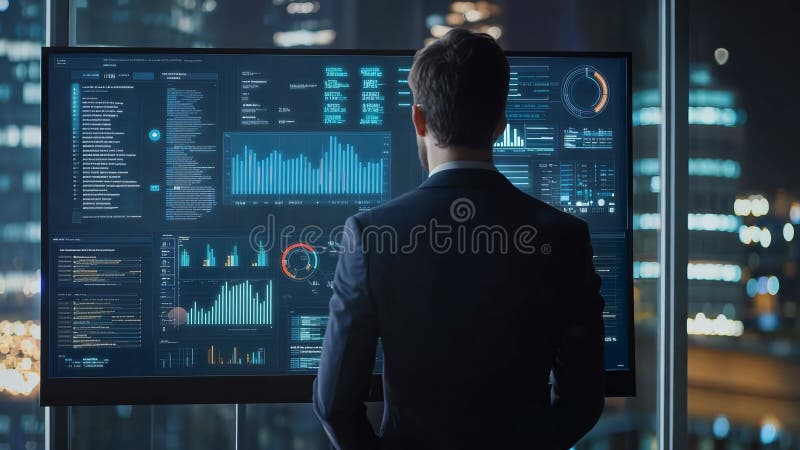 A Business Professional Man Stands in Front of a Digital Dashboard ...