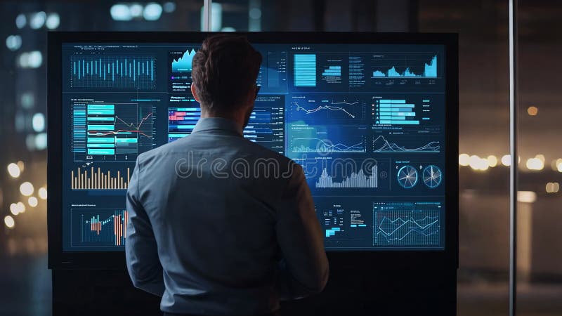A Business Professional Man Stands in Front of a Digital Dashboard ...