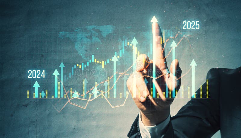 Business Professional Pointing at a Rising Virtual Graph with Arrows ...