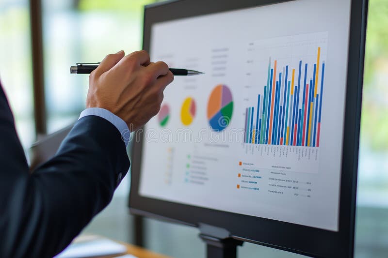 Business Professional Presenting Analytics on a Large Screen during a ...