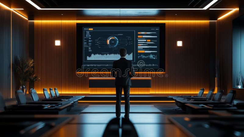 A Business Professional Analyzing Data on a Large Screen in a Modern ...