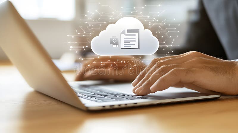 Cloud Computing and Data Storage Business Professional Using a Laptop with Cloud Technology ...
