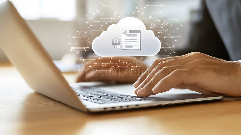 Cloud Computing and Data Storage Business Professional Using a Laptop ...