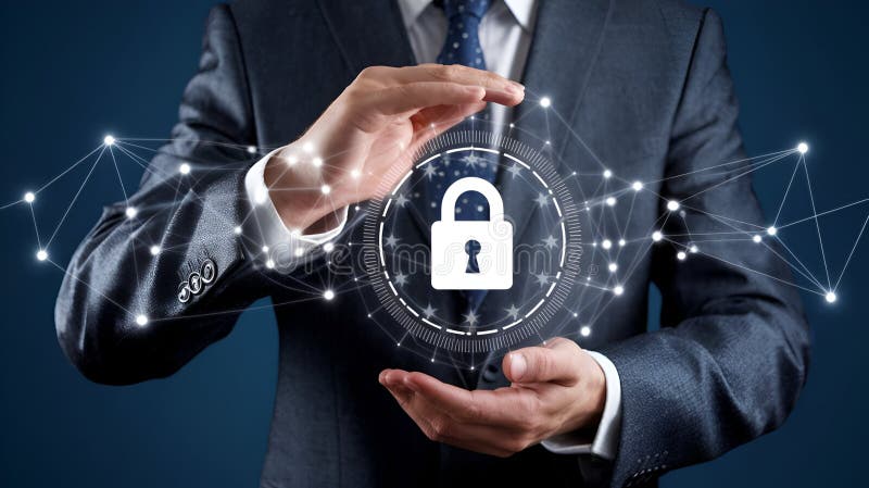 Business Professional Securing Digital Data Network with Lock Symbol and Network Connections ...