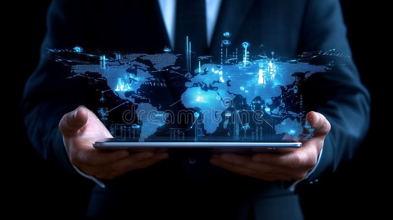 A Business Professional Showcases a Tablet Featuring a Dynamic Digital ...