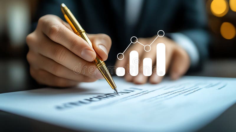 A Business Professional Signing a Report with Growth Chart Indicators ...