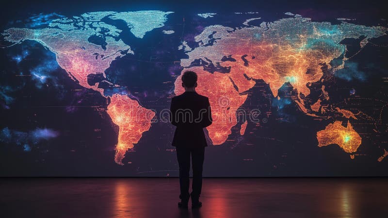 Business Professional Standing in Front of a Massive Projection of a ...