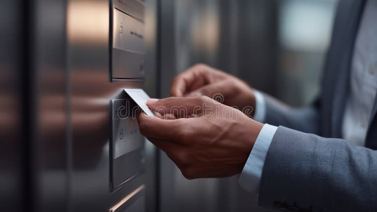 Business Professional Using Access Card at Elevator Control Panel in ...