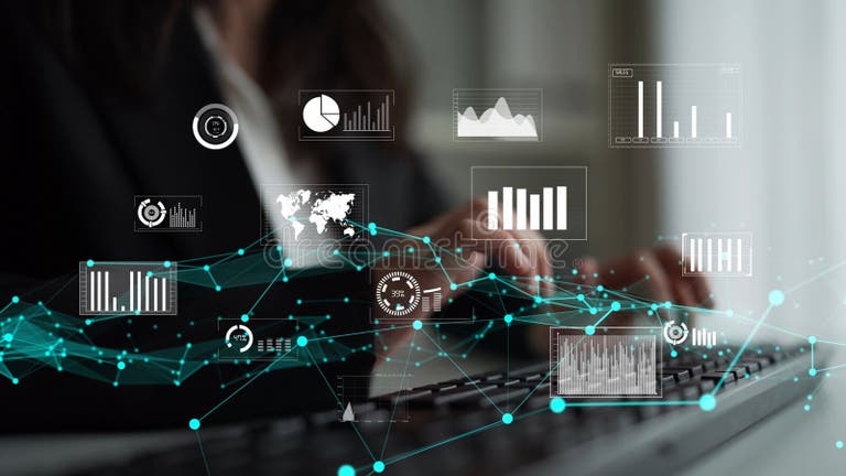 Business Professional Using Computer with Digital Data Visualization ...