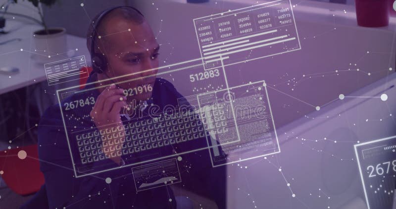 Business Professional Using Headset with Digital Data Processing ...