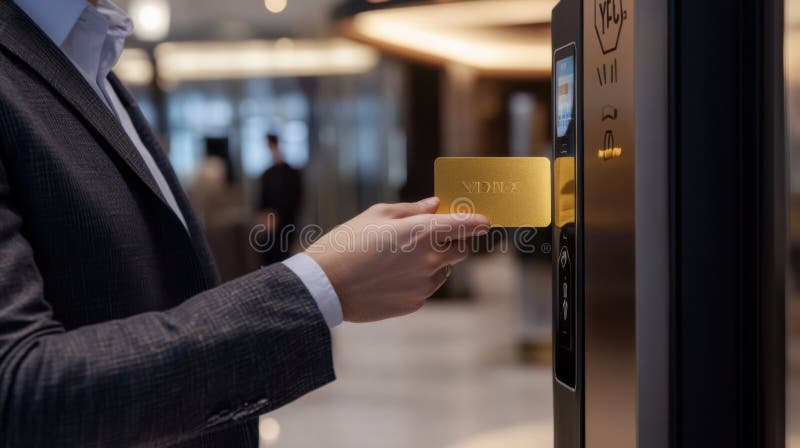 Business Professional Using Key Card at Modern Hotel Elevator in ...