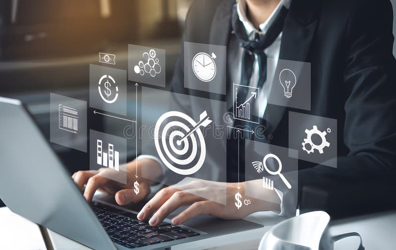 Businessperson Working on Laptop with Digital Target Marketing Strategy ...