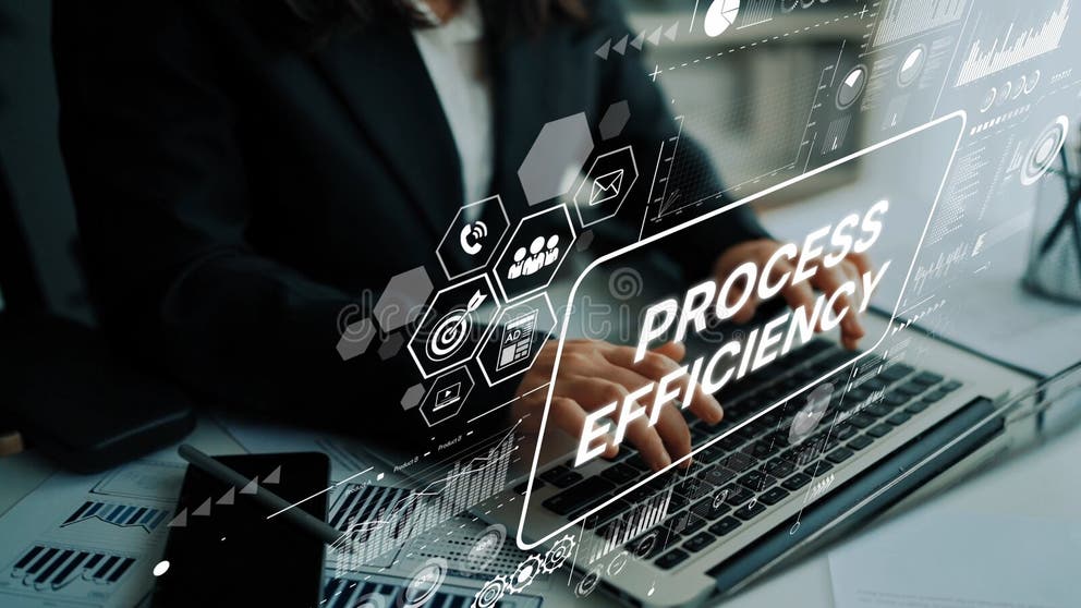 Business Professional Using Laptop with Overlay of Process Efficiency ...