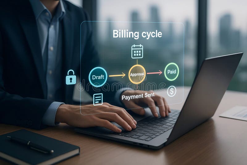 Business Professional Using Laptop and Visualizing Financial Billing ...