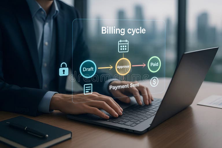 Business Professional Using Laptop and Visualizing Financial Billing Cycle Process with Data ...
