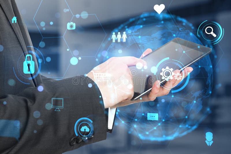 Business Professional Using Tablet with Global Network Interface ...