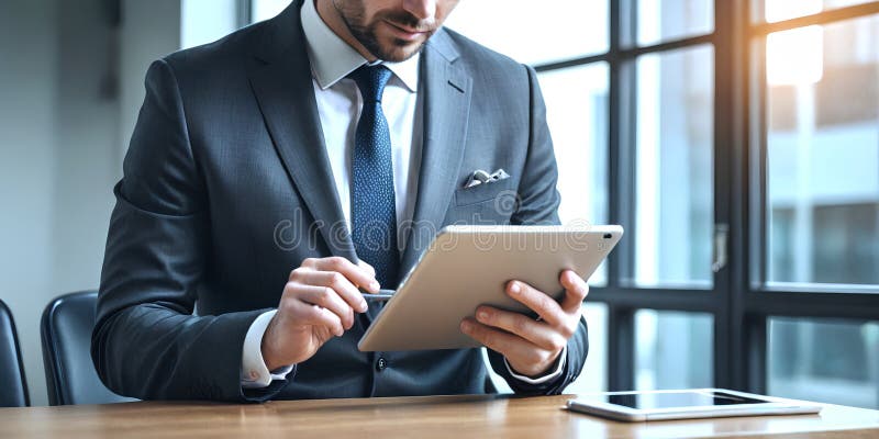 Business Professional Using Tablet in Modern Office Setting, Engaged in ...