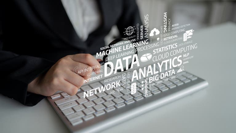 Business Professional Working on Data Analytics with Keywords Representing Technology, Analysis ...