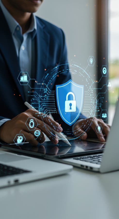 Business Professional Working with Tablet and Cybersecurity Shield Overlay. Modern Digital ...