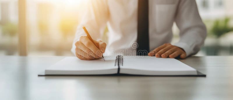 Business Professional Writing Notes in Notebook, Modern Office Setting ...