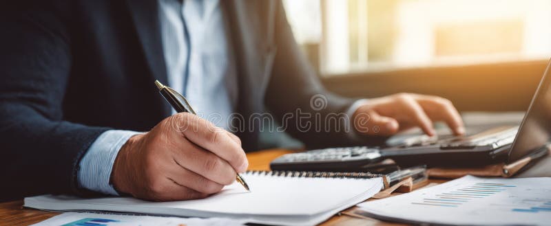 The Business Professional Writing Notes while Using a Laptop in an ...