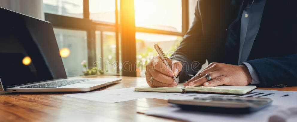 The Business Professional Writing Notes at a Well-lit Office Desk..AI ...