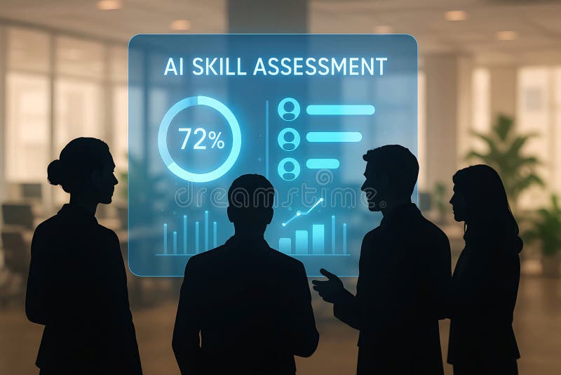 Business Professionals Analyze Artificial Intelligence Skill Assessment Data in Modern Office ...