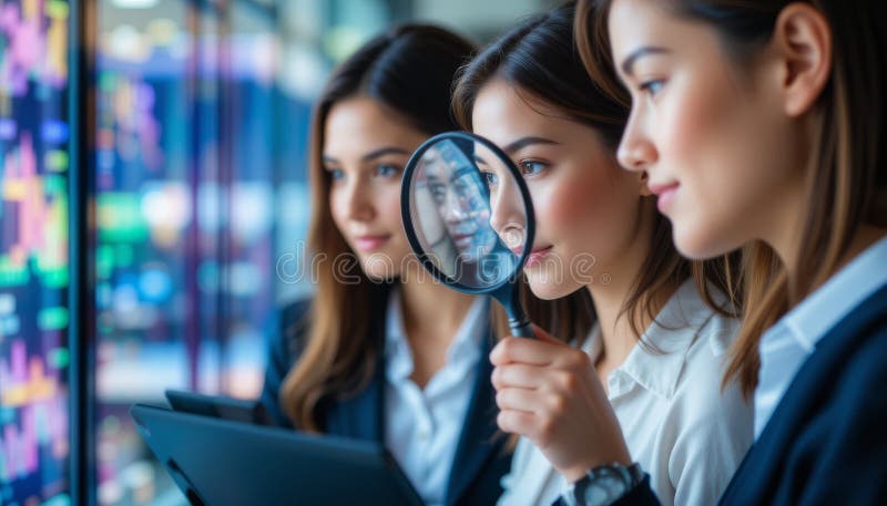 Business Professionals Analyzing Data with Magnifying Glass Stock Image ...
