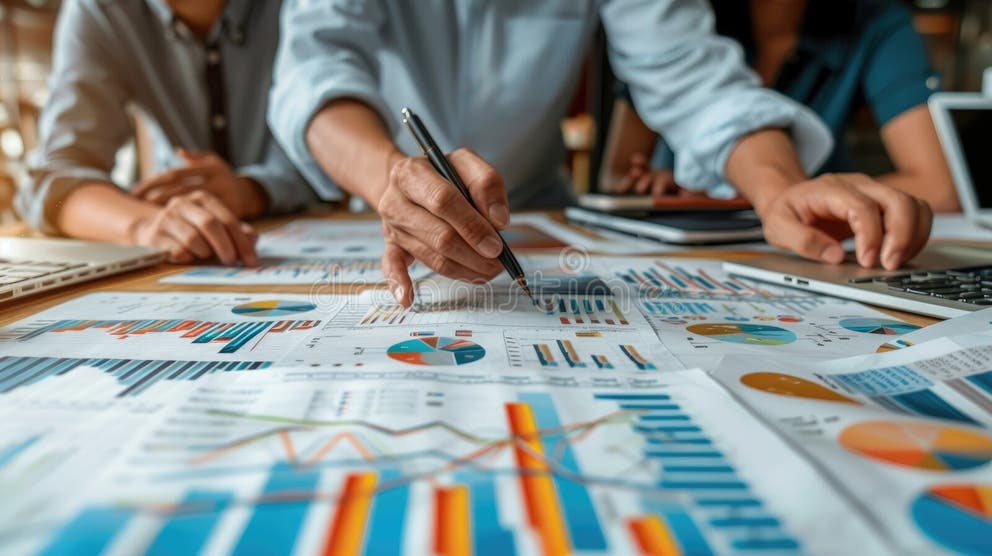 A Business Professionals Analyzing Financial Data, Pointing at Detailed ...