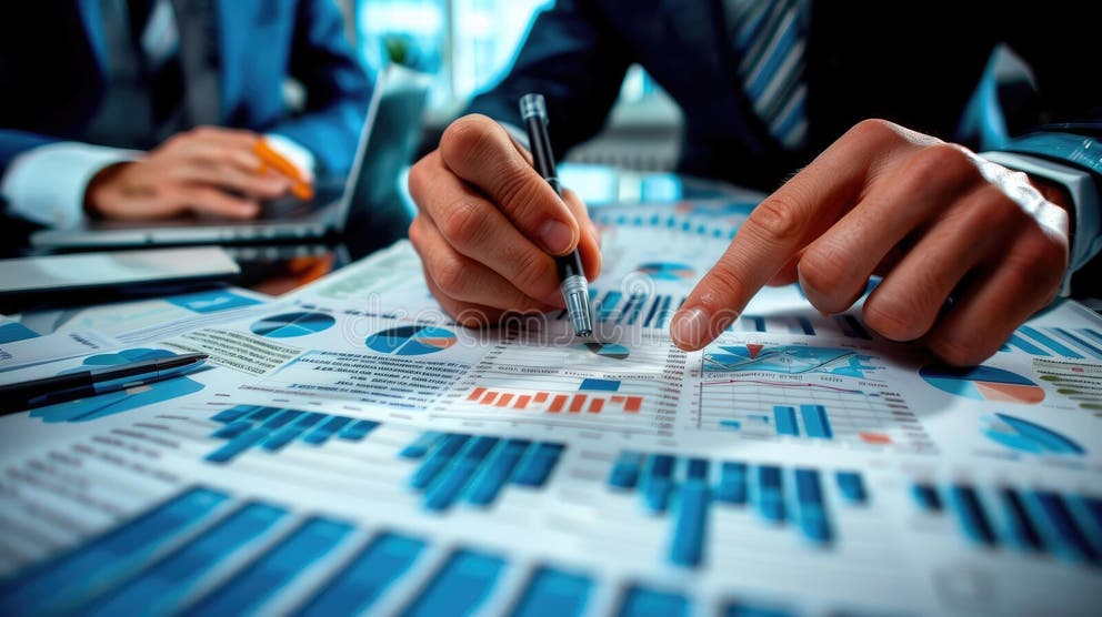 Business Professionals Analyzing Financial Data, Pointing at Detailed ...