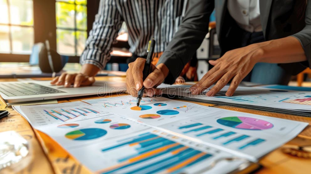 Business Professionals Analyzing Financial Data, Pointing at Detailed ...