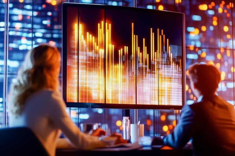 Business Professionals Analyzing Vibrant Data Visualization on Large ...