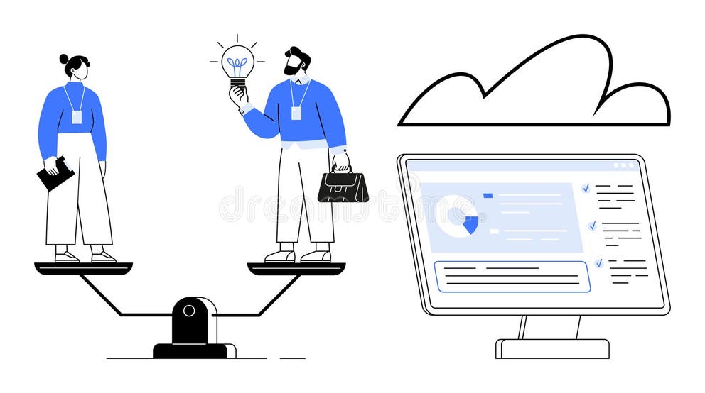 Business Professionals Balancing Ideas with Data Analytics and Cloud Technology Scale Stock ...