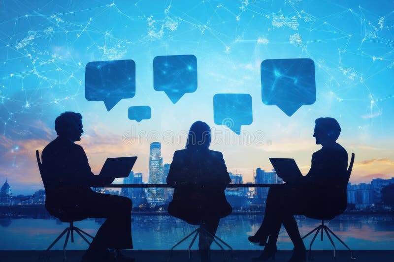 Business Professionals Collaborate at Sunset with Digital Communication ...