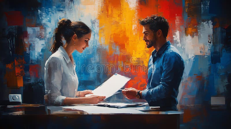 Business Professionals Discussing Documents in a Modern Office Setting ...