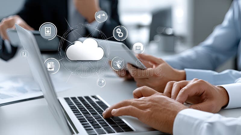 Business Professionals Engage with Laptops and Tablets while Exploring Cloud Computing ...