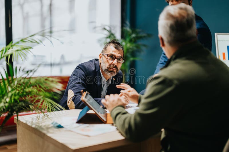 Business Professionals Engaged in a Discussion Around a Table in Modern ...