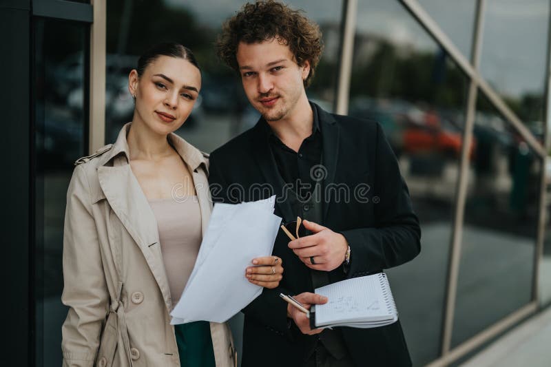 Business Professionals Holding Documents Outside an Office Building ...