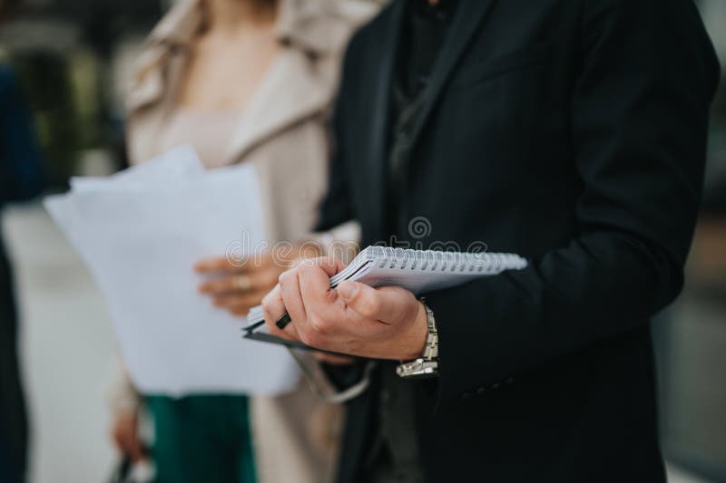 Business Professionals Holding Documents and Taking Notes Outdoors ...