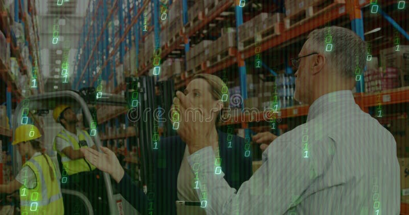 Business Professionals Inspecting Warehouse Inventory, Showing Floating ...