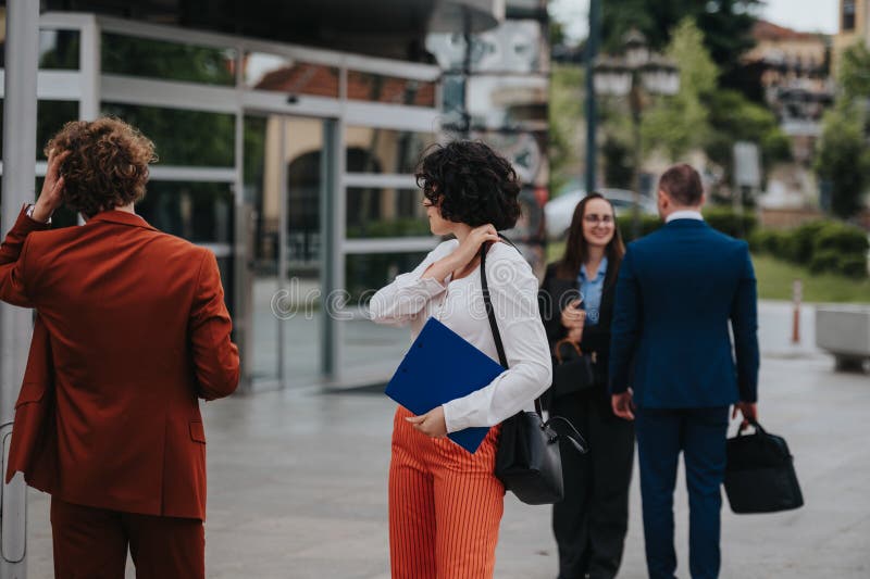 Business Professionals Interacting Outside Office Building in a Casual ...