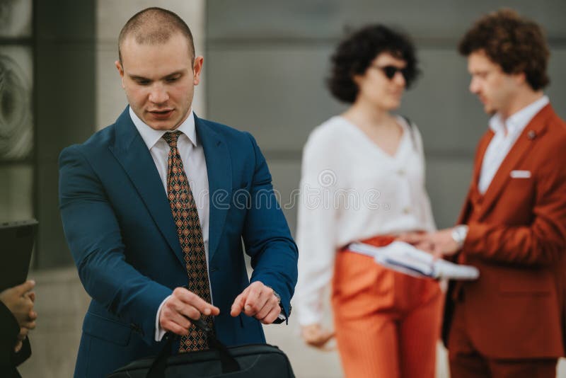 Business Professionals in a Meeting Discussing Documents in an Outdoor ...